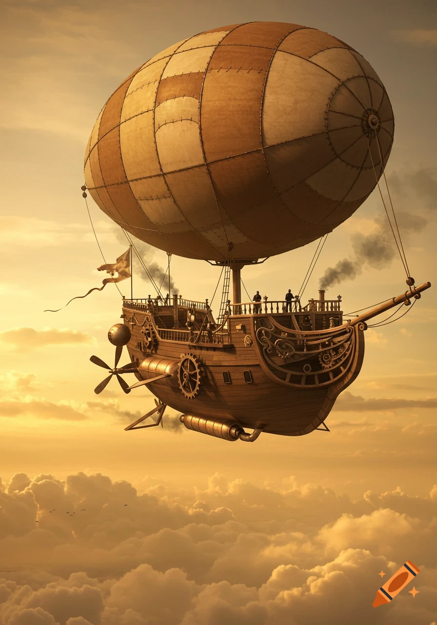 A stylized retrofuturistic airship with propellers and fins flies above ...