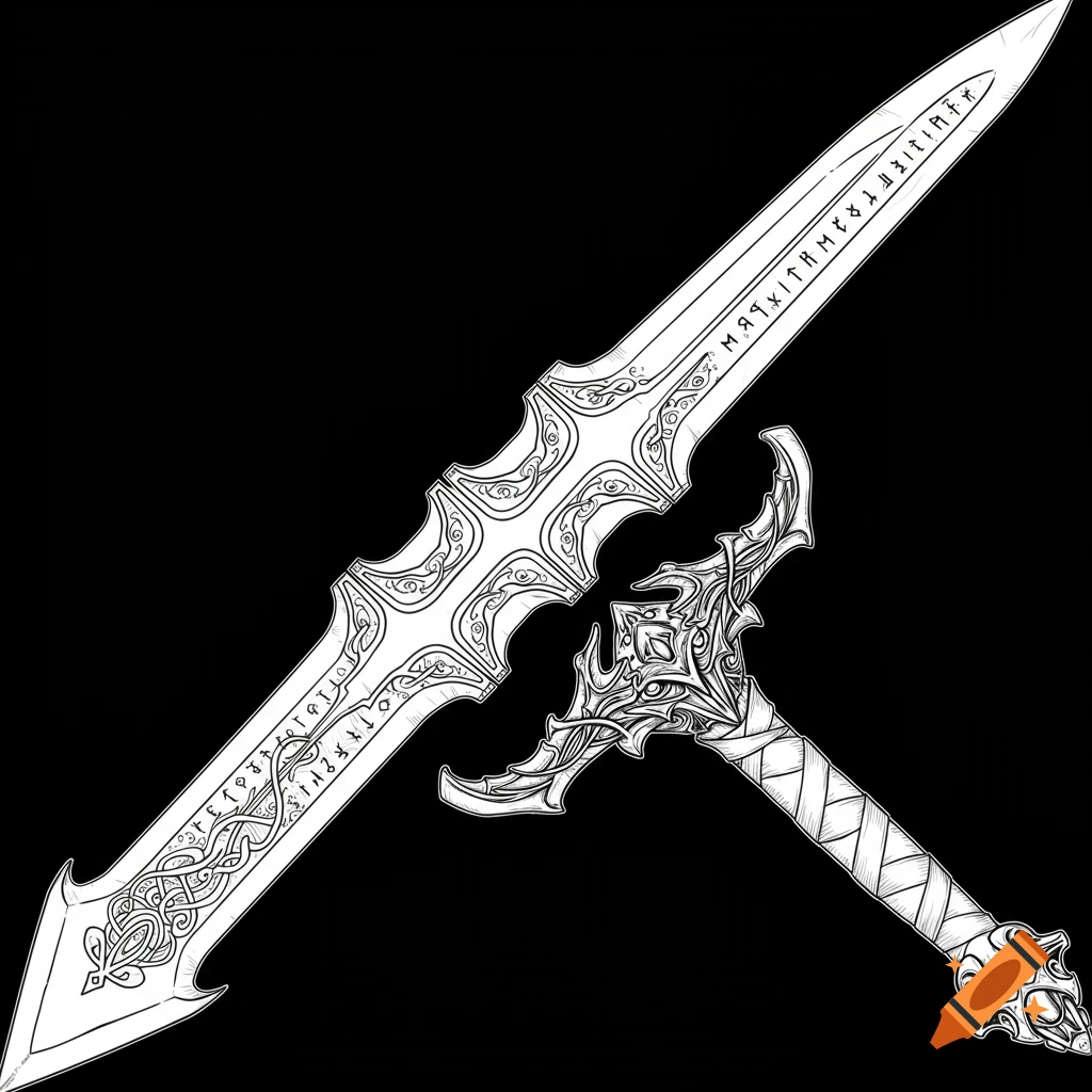 Line drawing diagram of an ornate two-handed sword with a leather strap ...