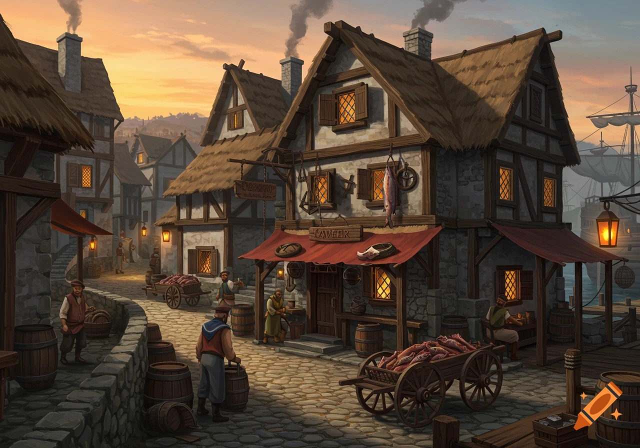 A bustling medieval town market scene with timber-framed buildings ...