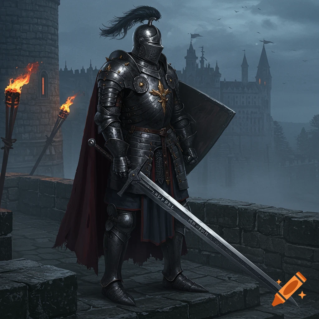 A knight in full armor stands in a rustic, candlelit tavern surrounded ...