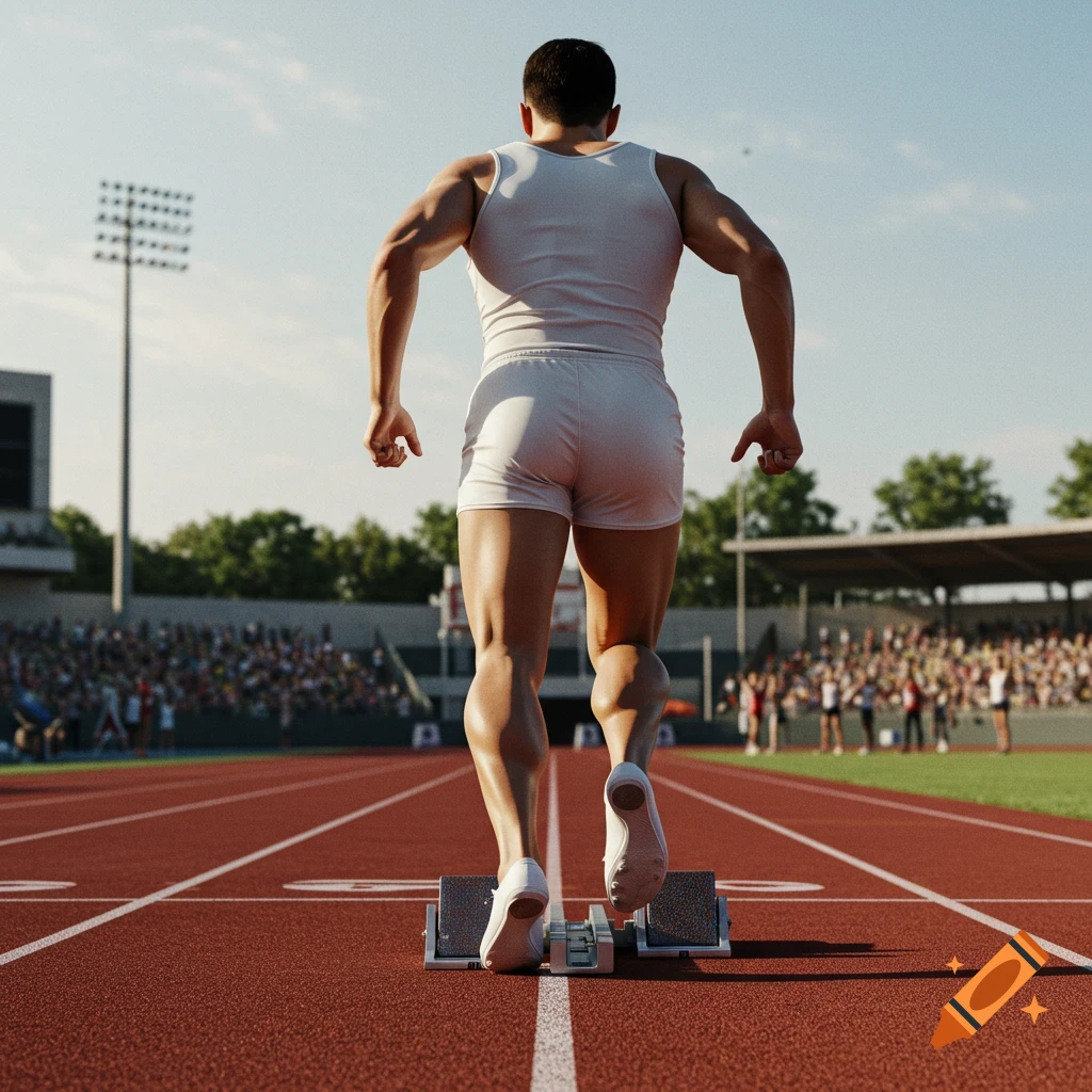 A muscular male athlete in a colorful running suit bursts from a ...