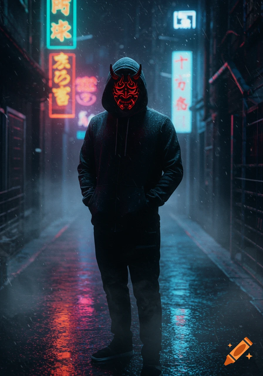 A person in a black hoodie and a white and red Japanese fox mask stands ...