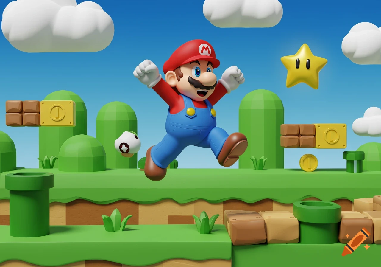 Mario jumps from a green pipe in a vibrant Super Mario Bros. landscape ...