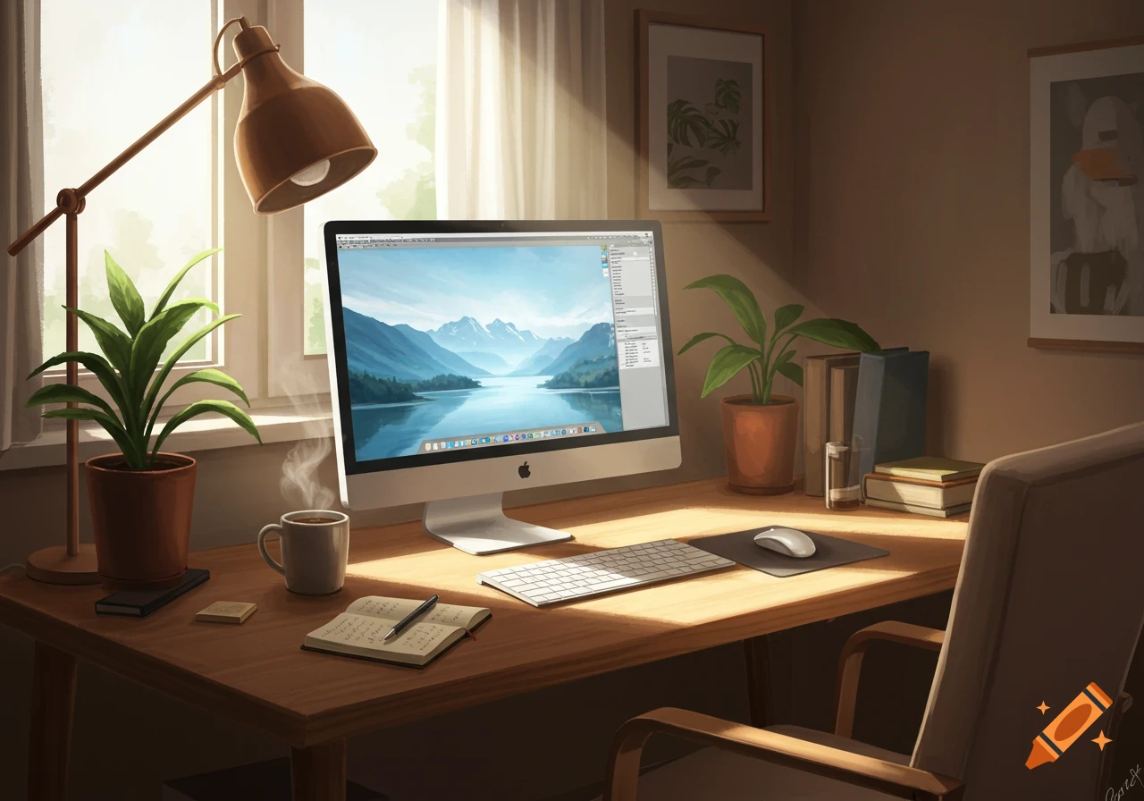 A cute cartoon penguin wearing a blue scarf sits at a desk, looking at ...