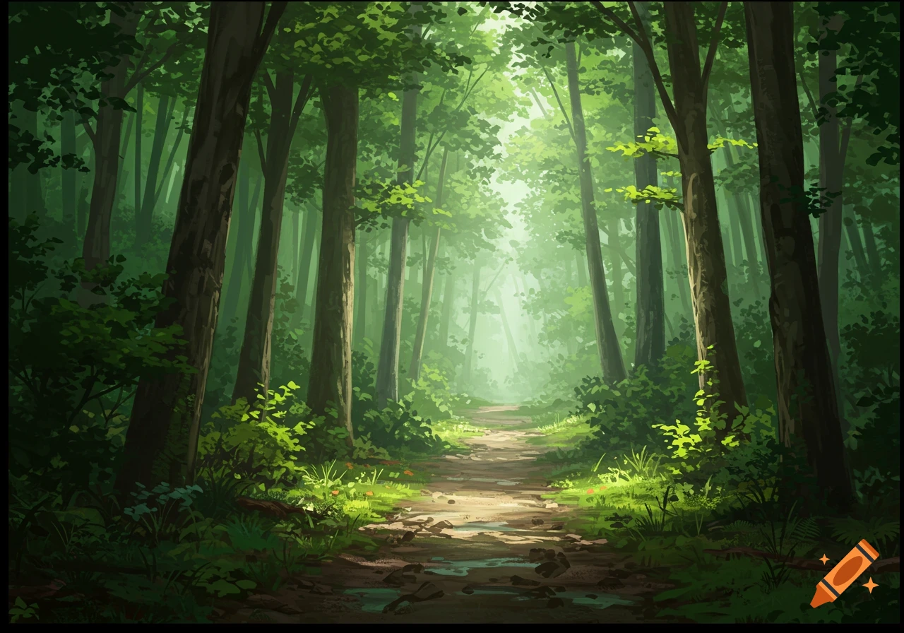 A sunlit path winding through a dense forest with tall trees and ...