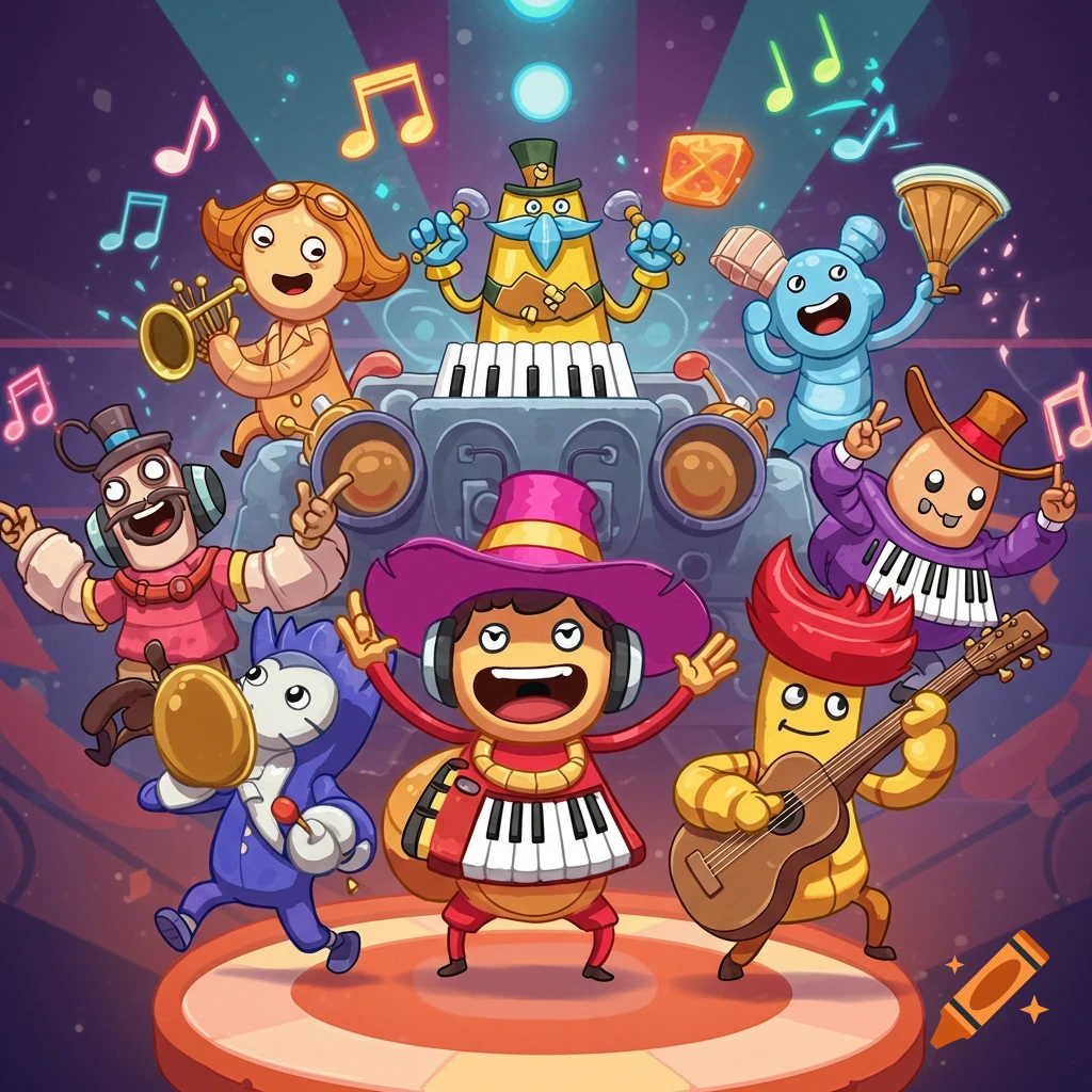 Three cheerful cartoon characters performing music on a stage with ...