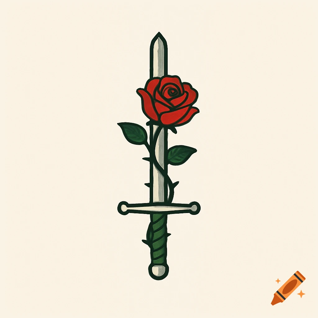 A stylized illustration of a silver sword with a red rose wrapped ...