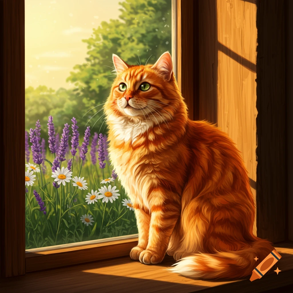 A ginger cat with green eyes sits by a sunny window with lace curtains ...