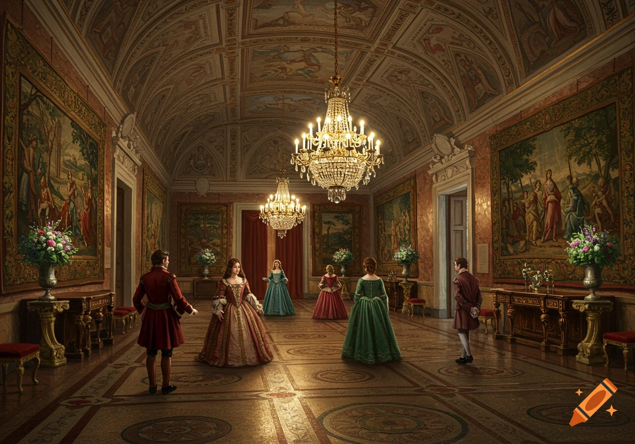 Baroque painting of elegantly dressed people playing music and dancing ...