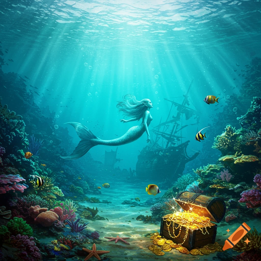 A mermaid swims above a sunken ship and an open treasure chest brimming ...