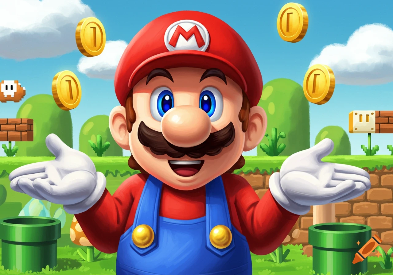 Mario jumps excitedly to grab a golden coin in a vibrant, cartoon Super ...