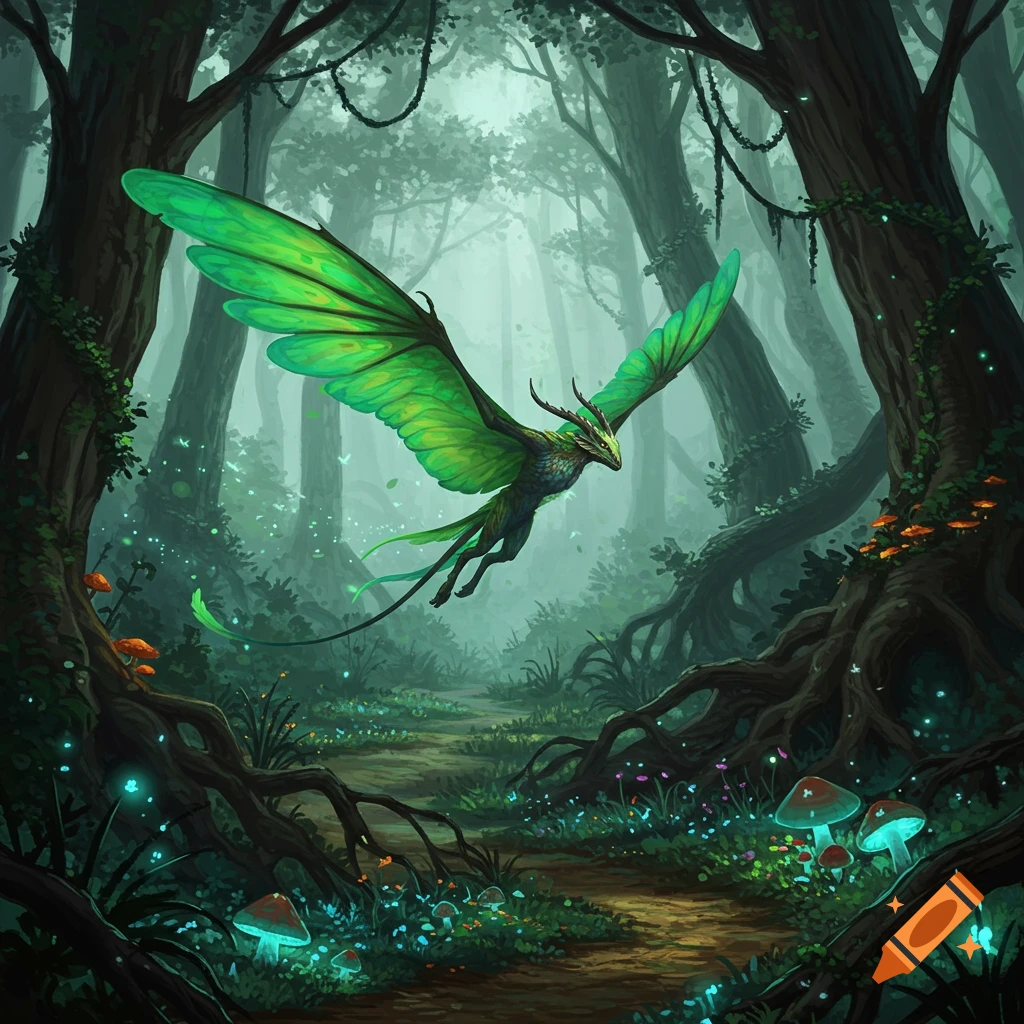 A green-winged fantastical creature flies through an enchanted forest with glowing mushrooms and ...