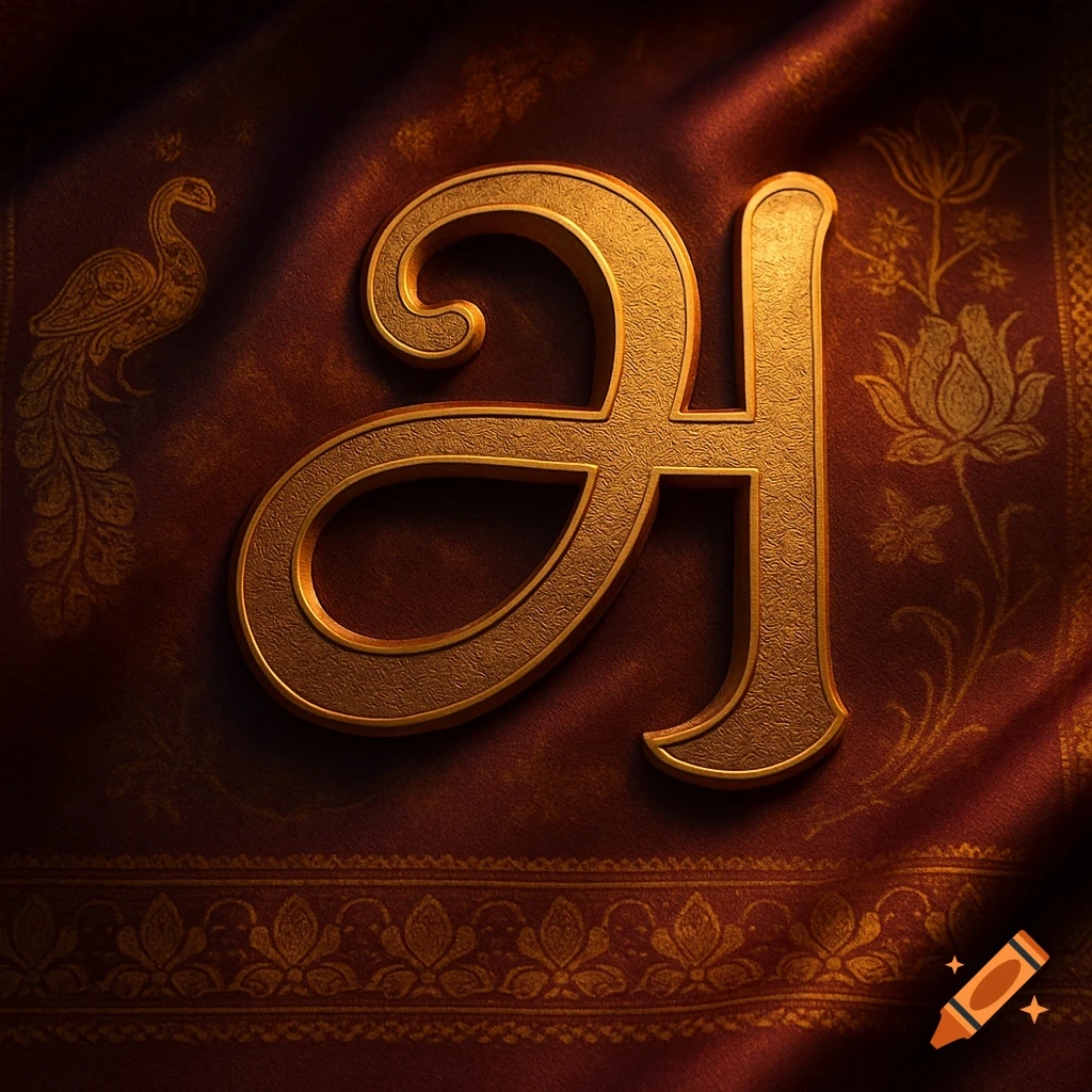 A golden, textured Tamil letter 'அ' on a rich red fabric with ornate ...
