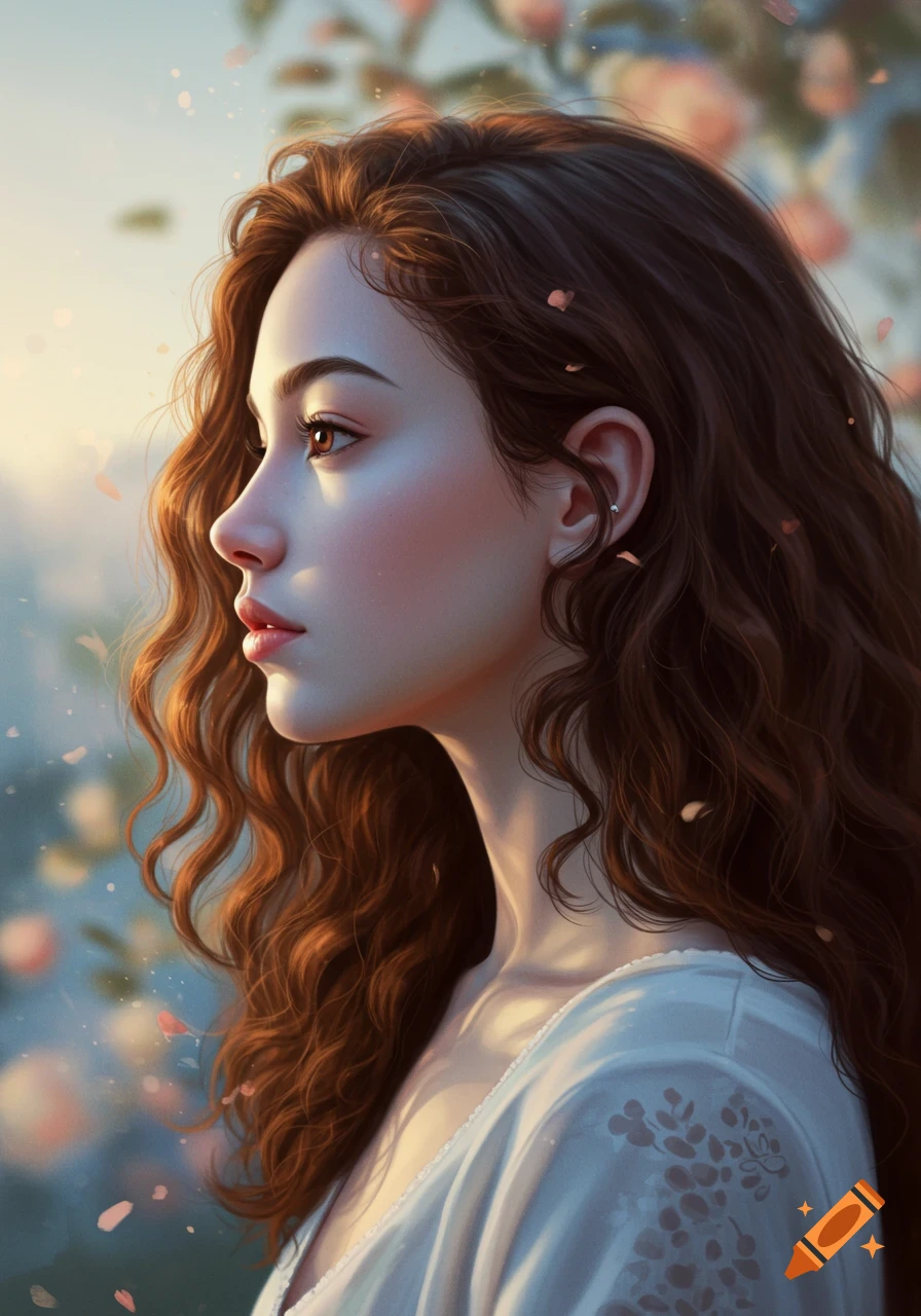Digital art profile portrait of a young woman with long curly brown ...