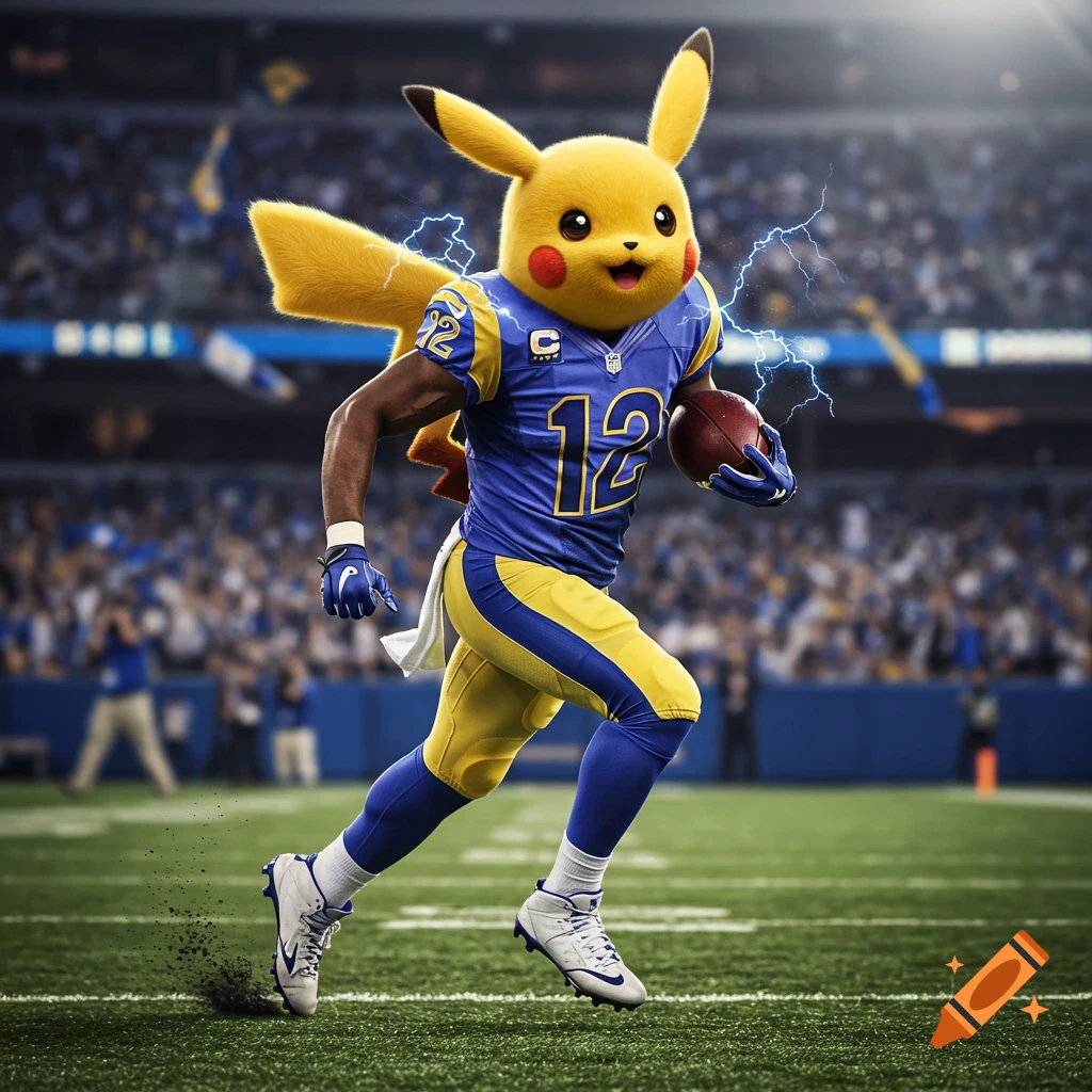 A photorealistic Los Angeles Rams football player with a Pikachu head ...