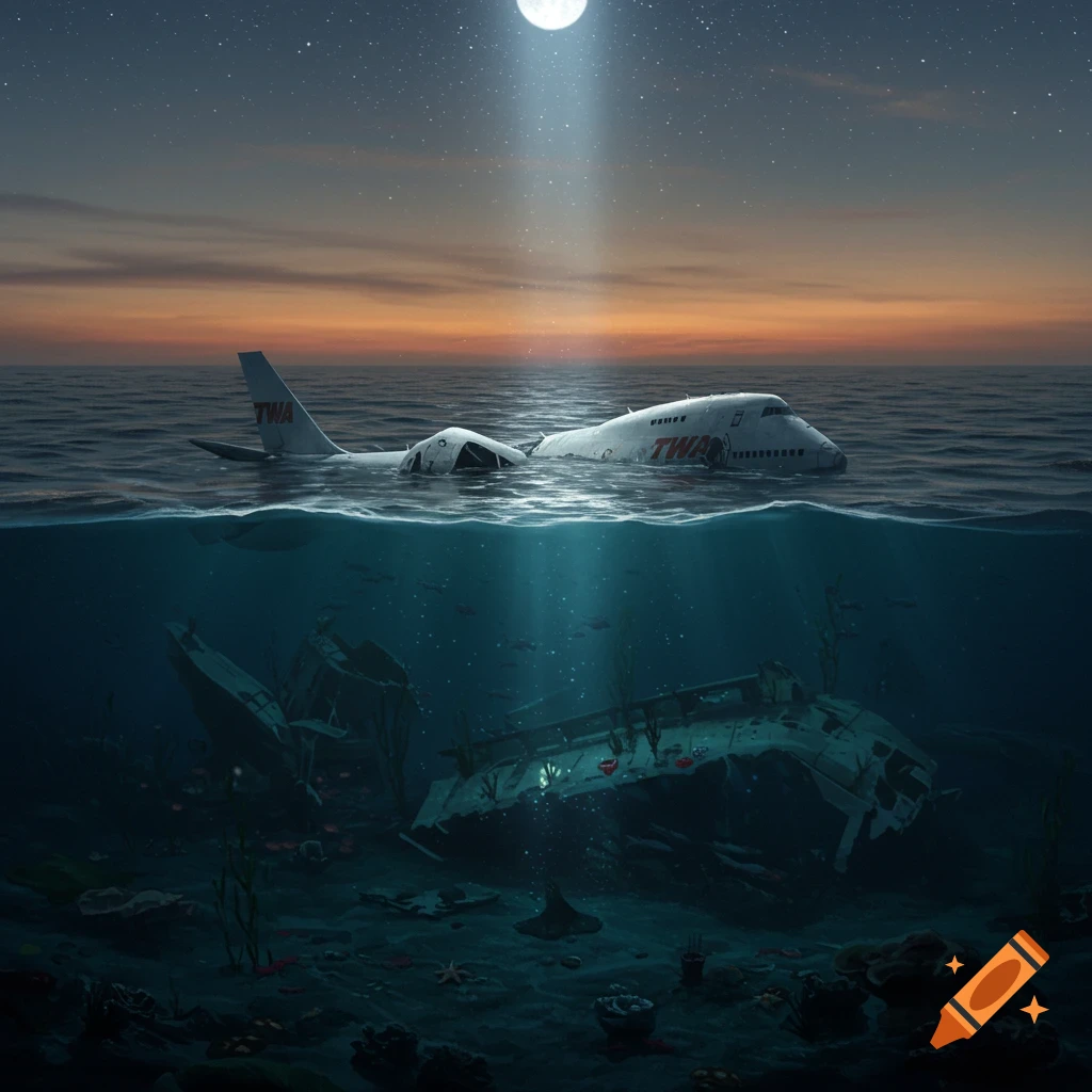 Photorealistic image of a TWA airplane wreck, half-submerged in the ocean and half sunken ...