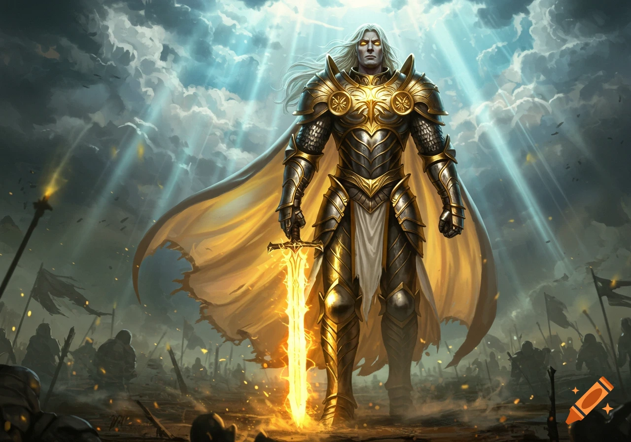 Zeus, a bearded man in a toga with a gold crown, stands on a rocky peak ...