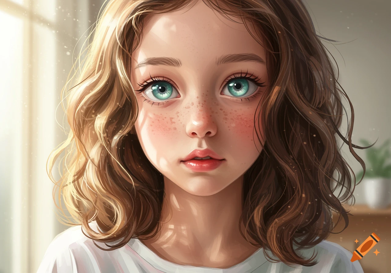 A close-up portrait of a serious teenage girl with green eyes, wearing ...