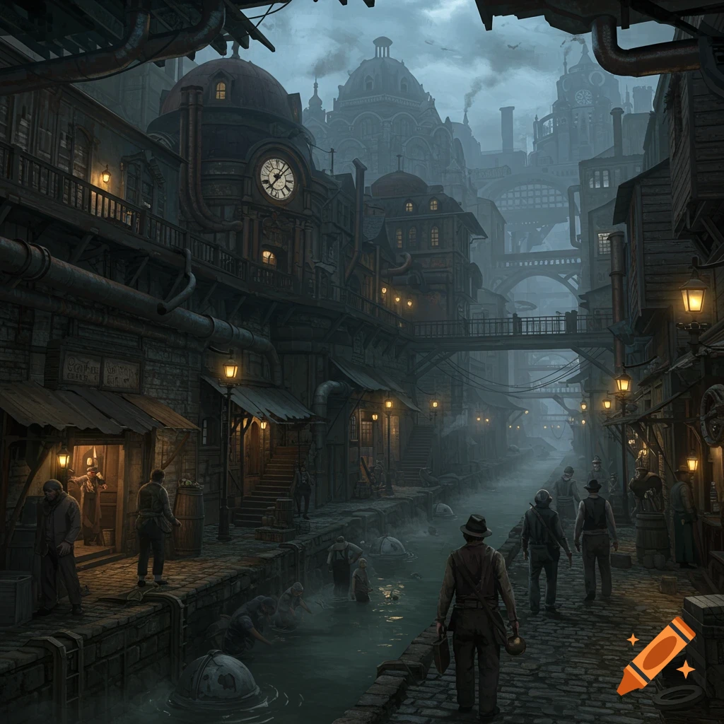Dark, atmospheric steampunk city street scene with pedestrians, glowing ...