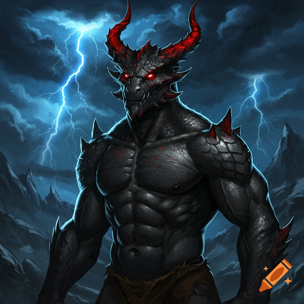 A muscular red devil with glowing eyes and horns stands in front of ...