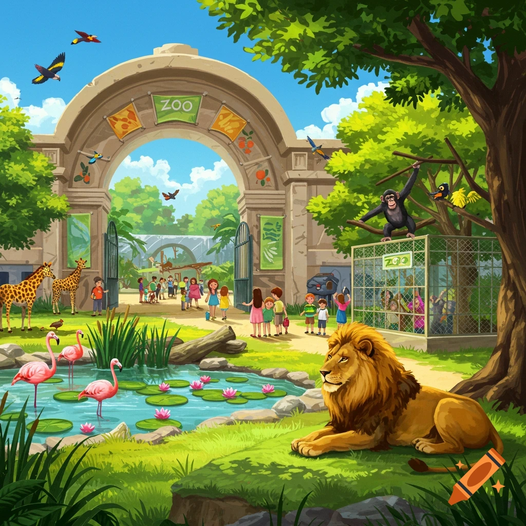 Cartoon illustration of a colorful zoo entrance with children, a lion ...