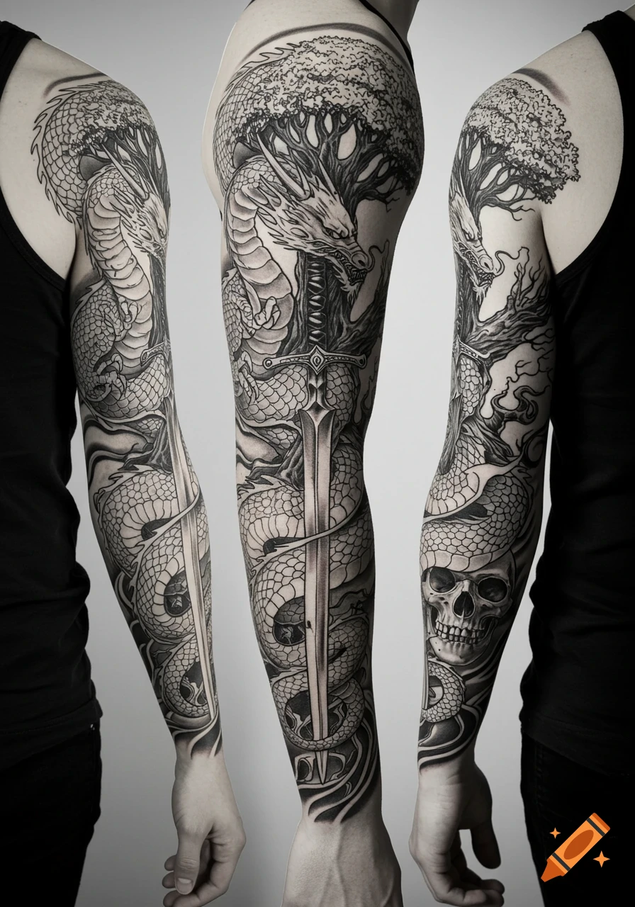 Photorealistic black and white full-arm sleeve tattoo of a boxer's back ...