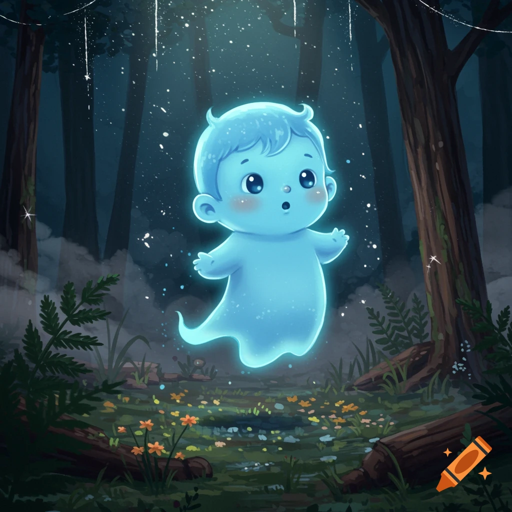 A glowing white cartoon ghost with a prominent nose and rosy cheeks ...