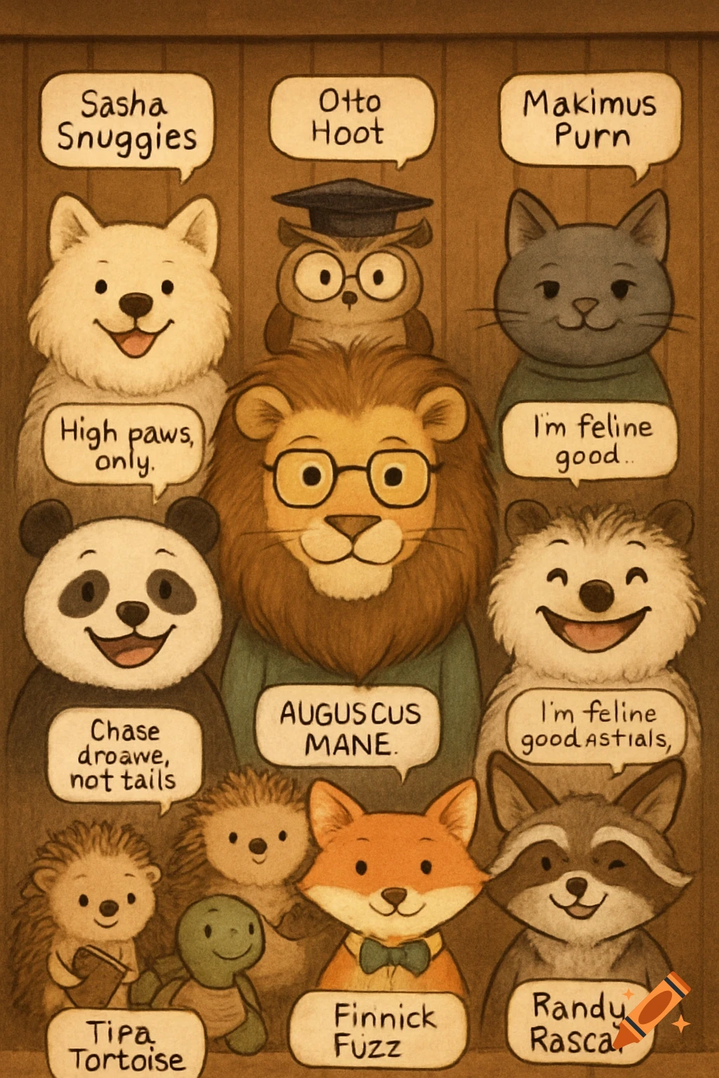 A stylized yearbook photo featuring several cartoon anthropomorphic ...