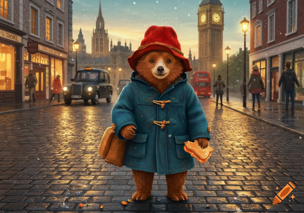 Cartoon Paddington Bear in a red coat and blue hat, holding a Union ...