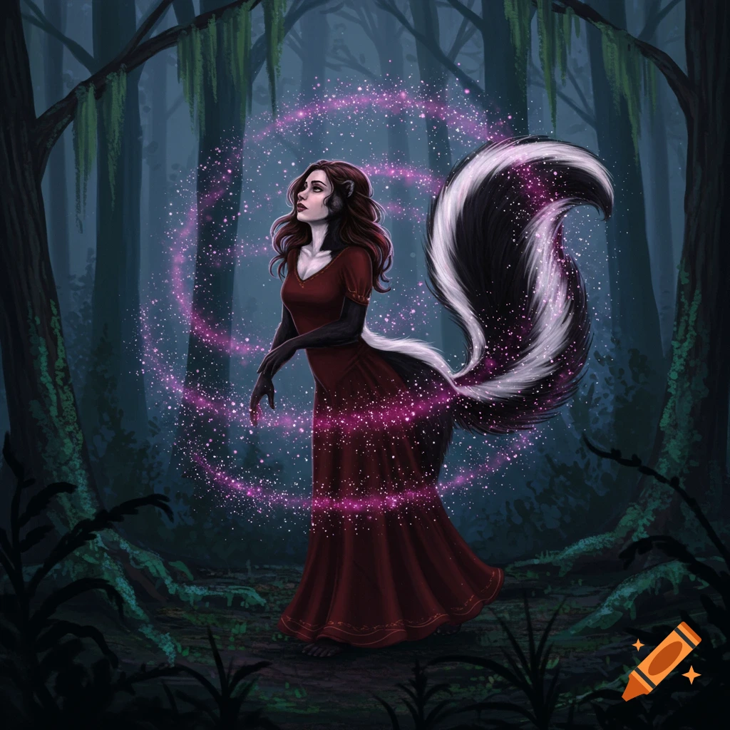 An illustration of a woman in a red dress with a skunk's tail and ears ...
