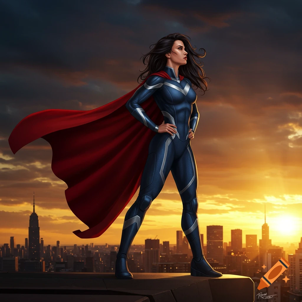 A lineup of female superheroes on a rainy city street at night. A woman ...