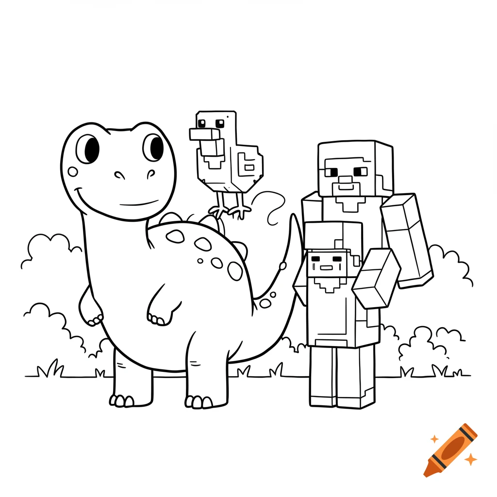Black and white line art of a baby T-rex, a baby Stegosaurus, and a ...