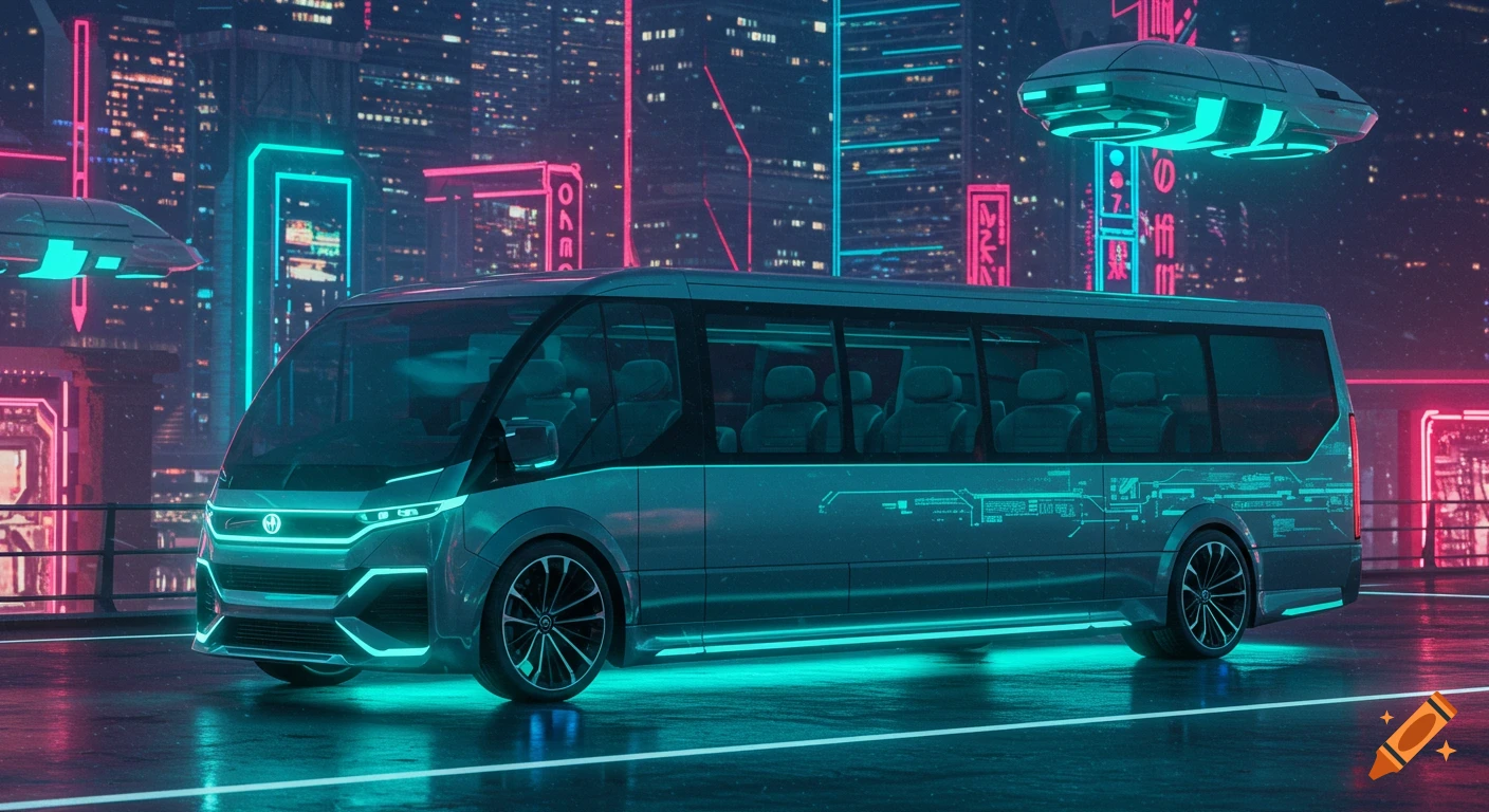 A sleek, futuristic silver passenger van with blue neon underglow on a ...