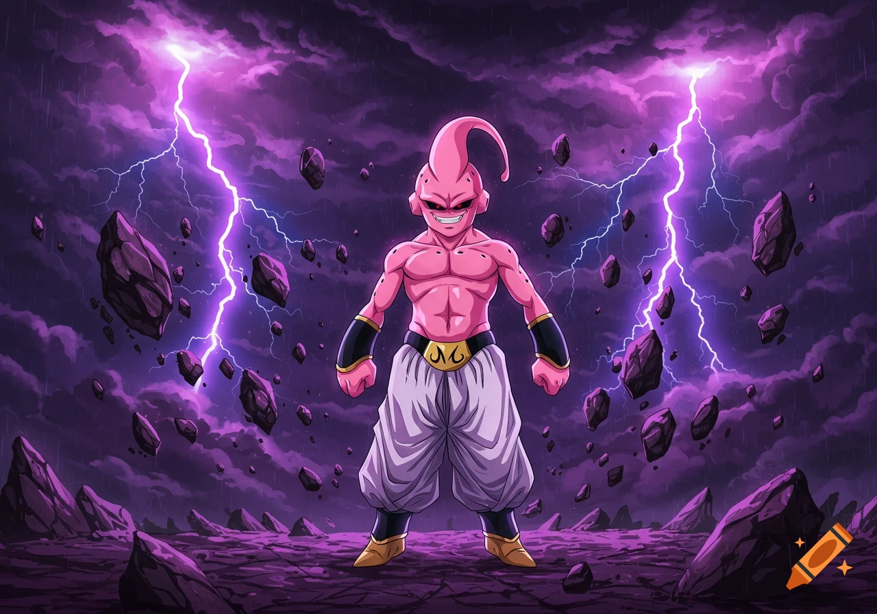 Full body anime illustration of Super Buu, pink-skinned with red eyes ...