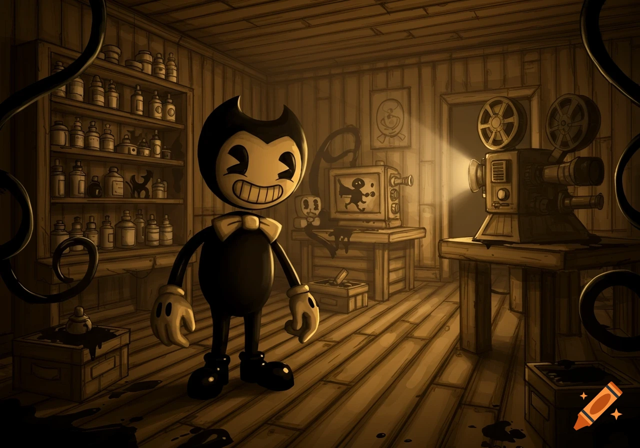 Bendy, a black and white cartoon character, stands in a dark, ink ...