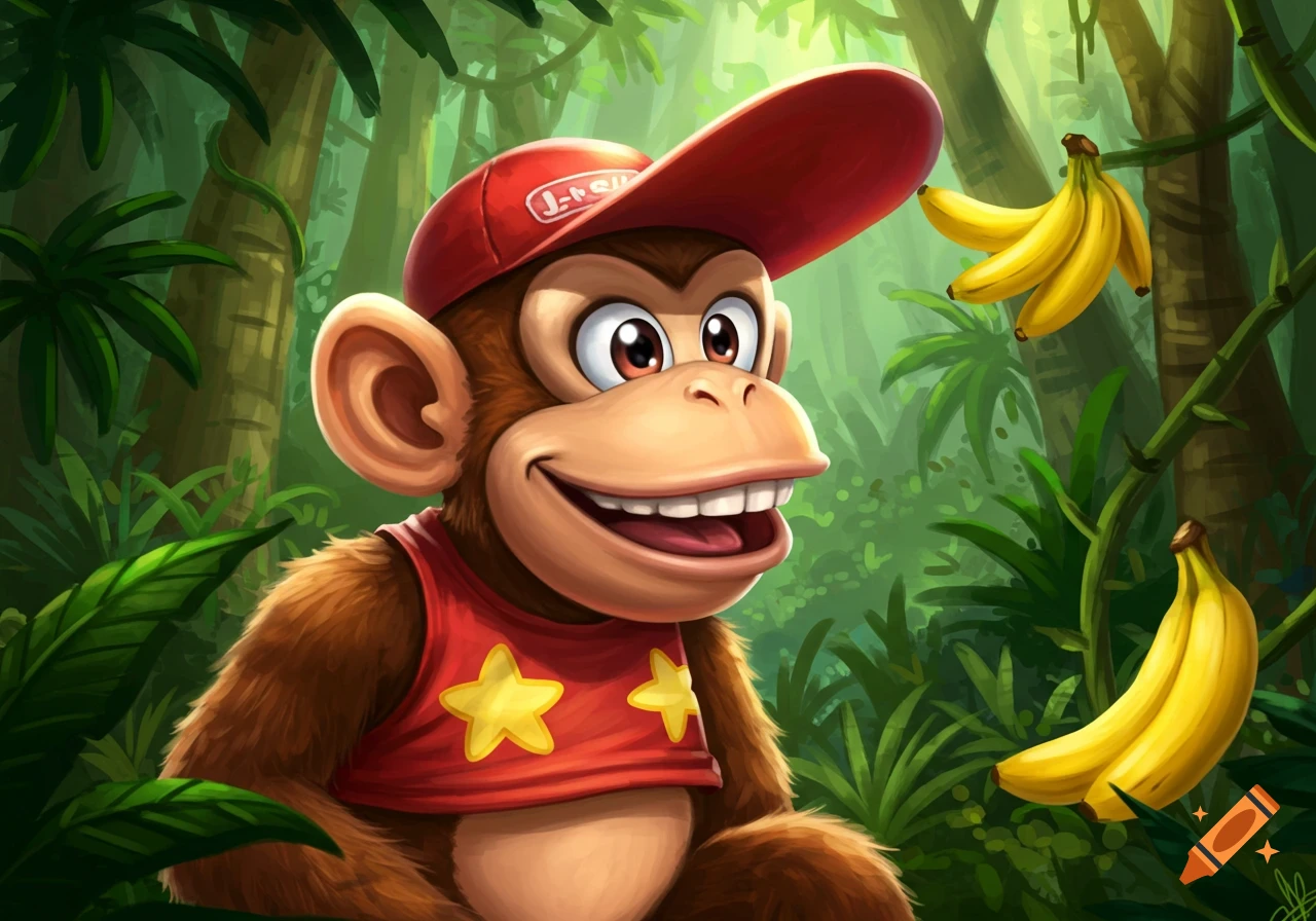 A smiling cartoon monkey resembling Diddy Kong, wearing a red cap and ...
