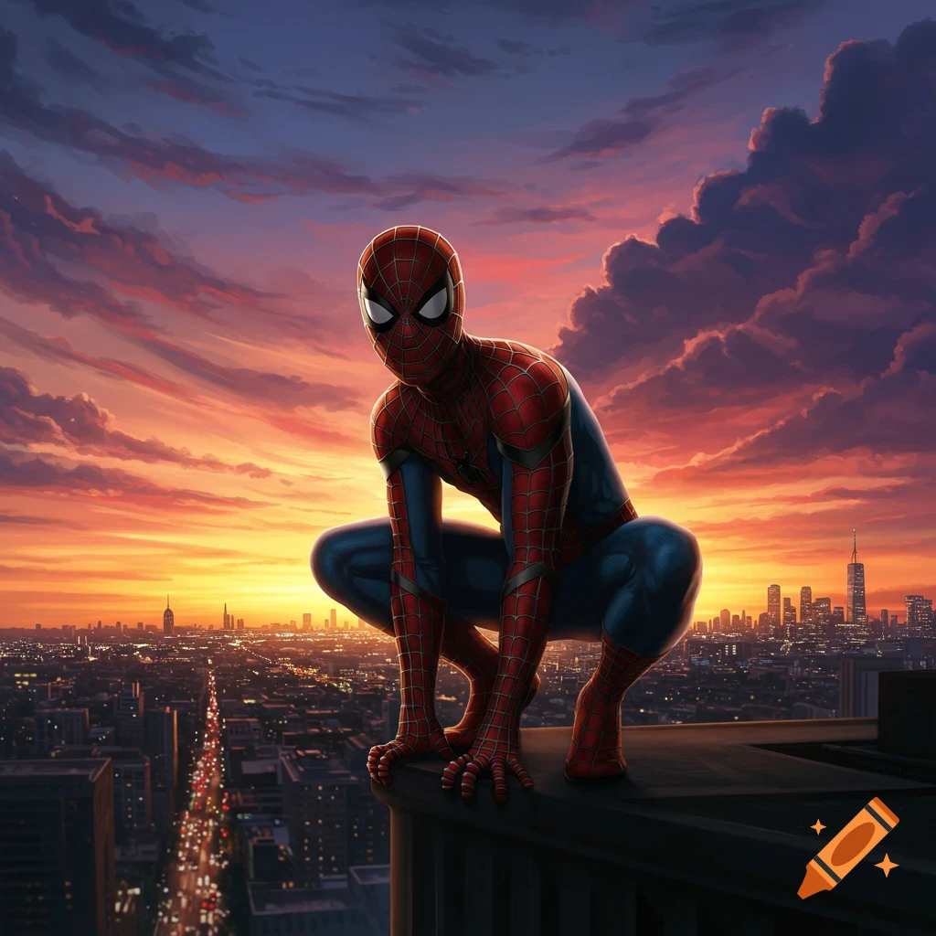 Spider-Man crouches on a city rooftop at night, overlooking illuminated ...