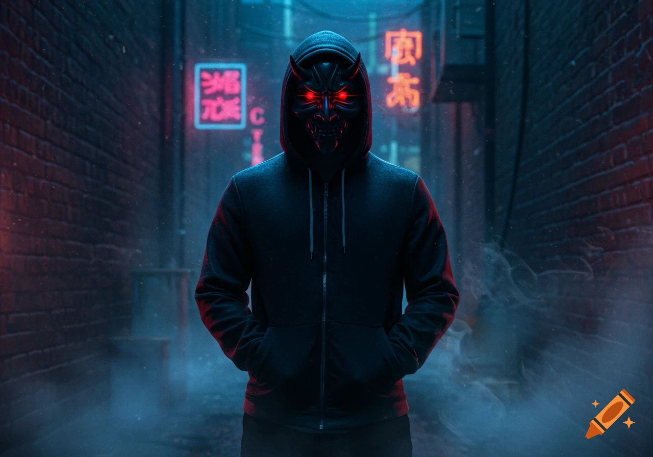 A person in a black hoodie and a white and red Japanese fox mask stands ...