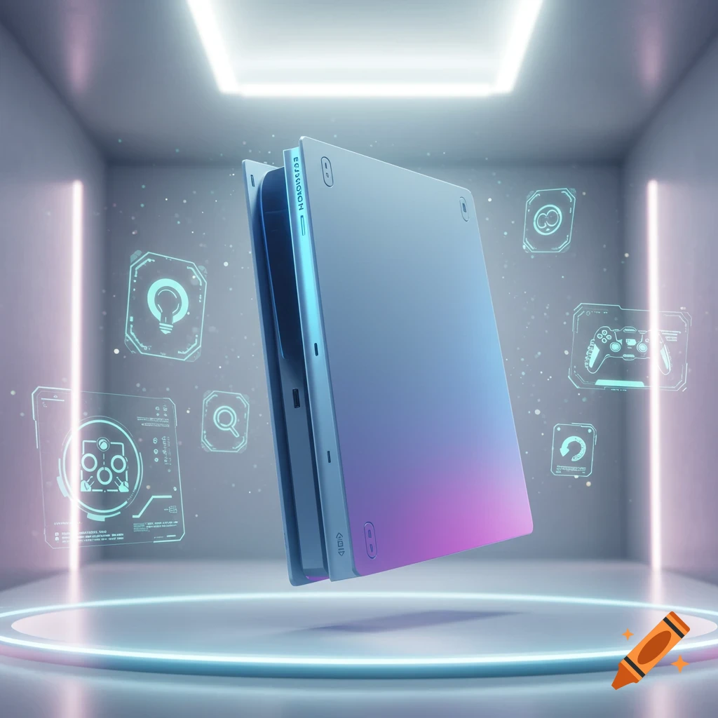 A sleek, futuristic gaming console with a purple-blue gradient ...