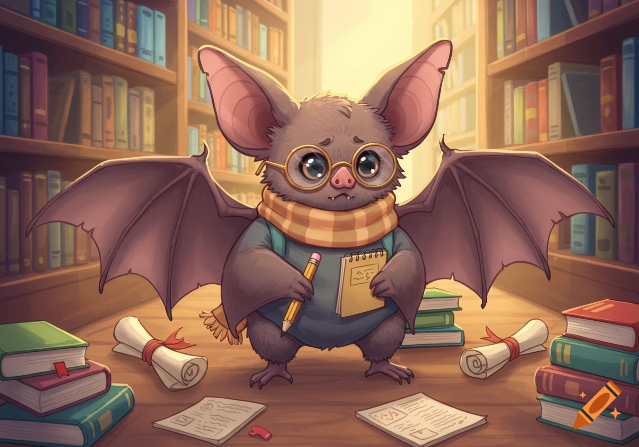 A wide-eyed cartoon bat stands in a steaming bowl of vegetable soup on ...