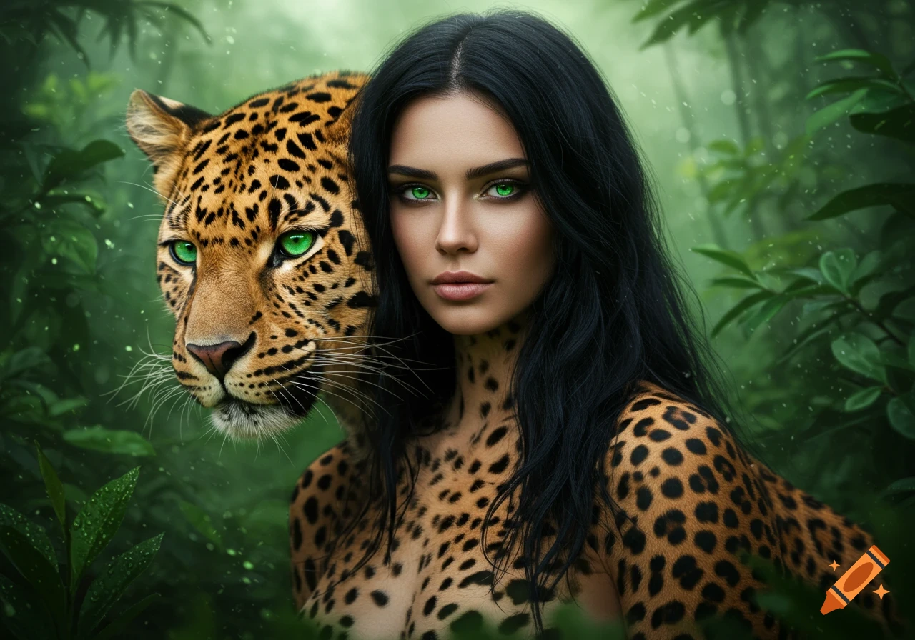 Woman with black hair and green eyes holding a white tiger cub on Craiyon