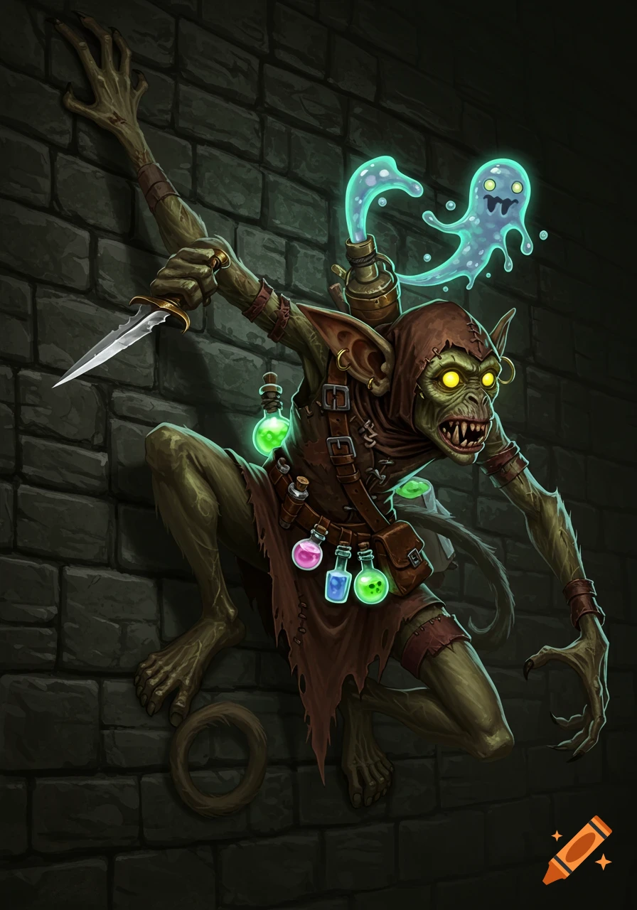 A stealthy D&D goblin with a dagger crouches in a dark, glowing ...