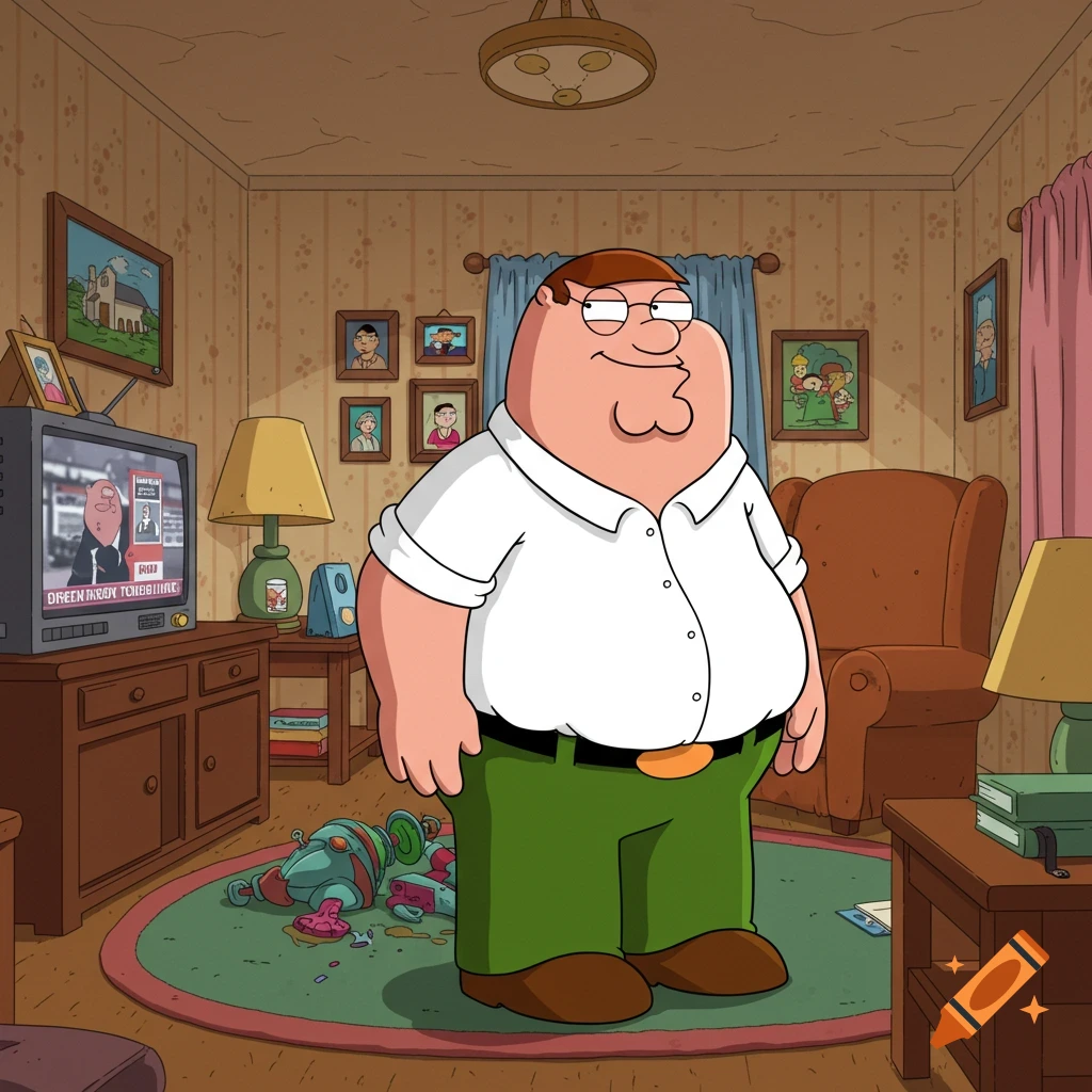 Cartoon character Peter Griffin with his mouth wide open, holding a ...