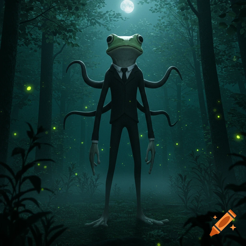 A tall, slender, frog-headed creature in a dark suit with multiple tentacle-like arms stands in ...