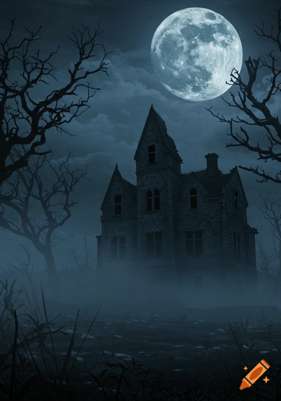 A spooky gothic mansion under a full moon, surrounded by bare trees and ...