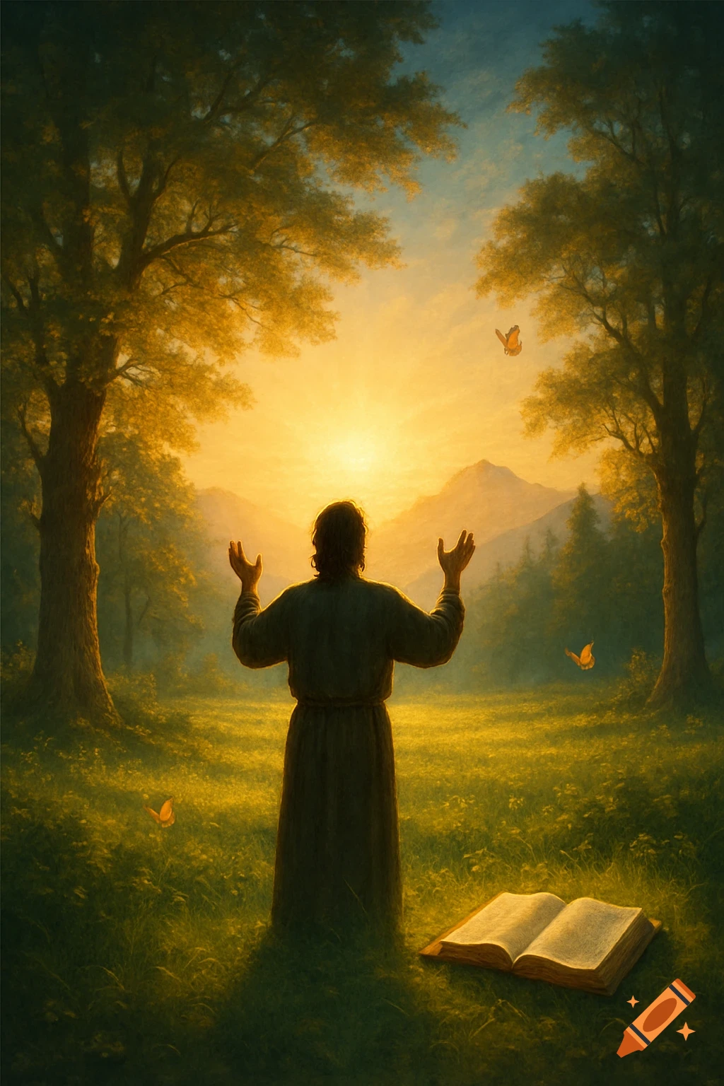 A shepherd with his sheep stands by a river at sunrise in a serene ...