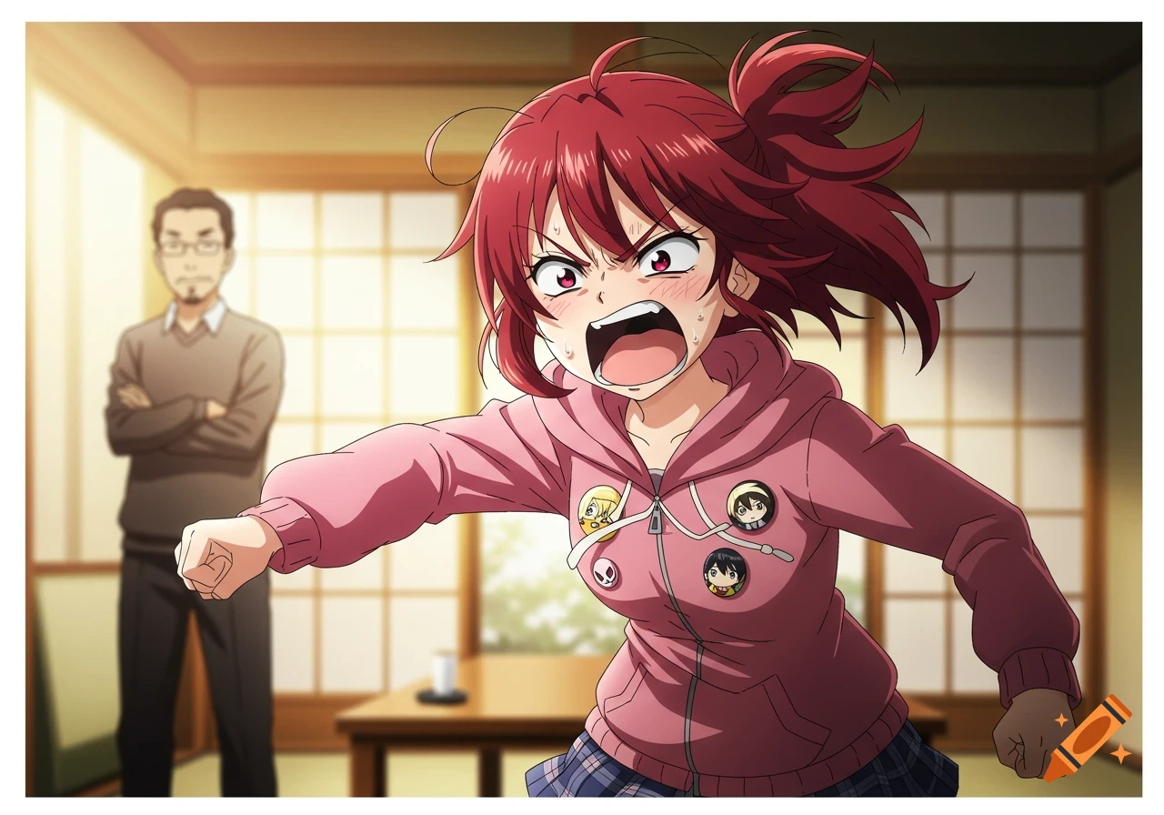 An angry red-haired anime girl in a pink hoodie yells, clenching her ...