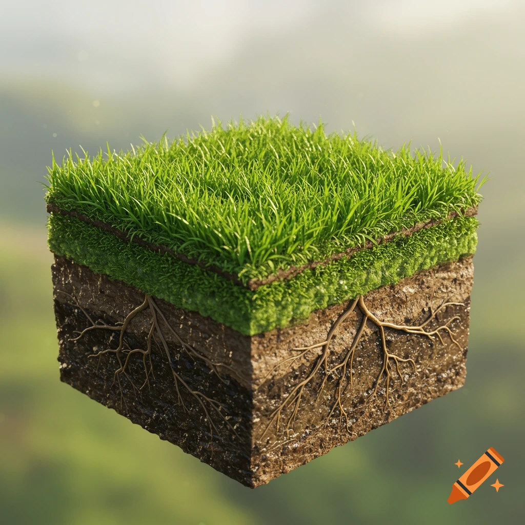 A photorealistic 3D render of a floating cube of green grass and dark ...