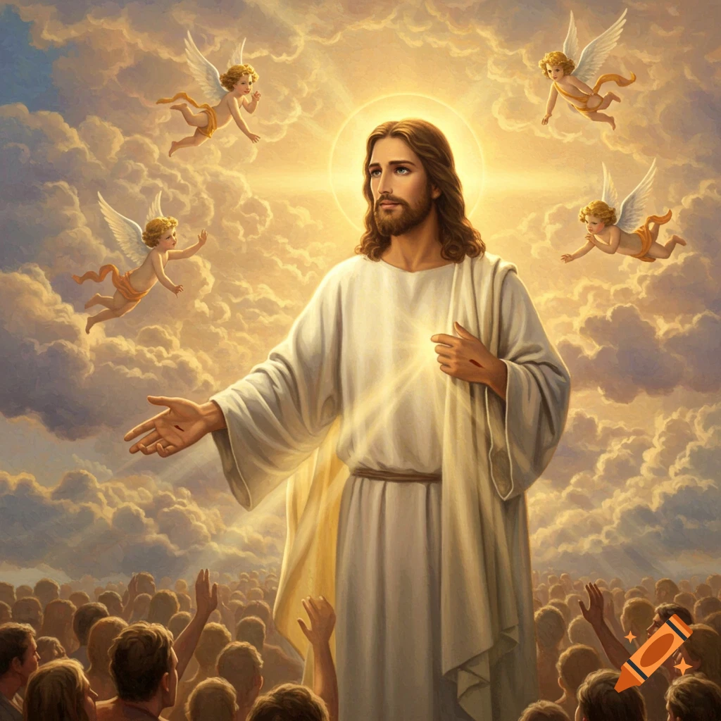 Jesus Christ, in a classical religious painting style, stands in a ...