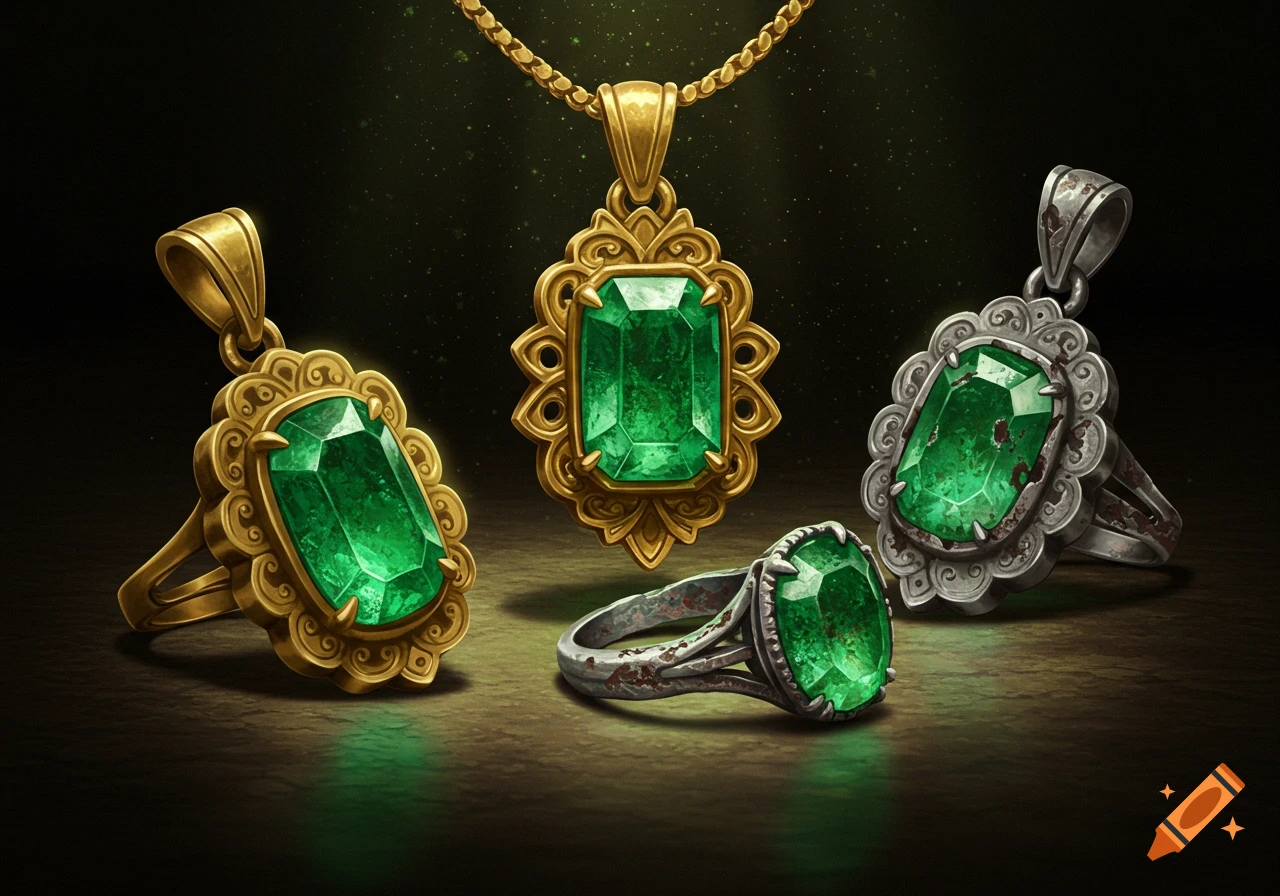 Close-up of a central gold emerald pendant, a gold emerald ring, and ...